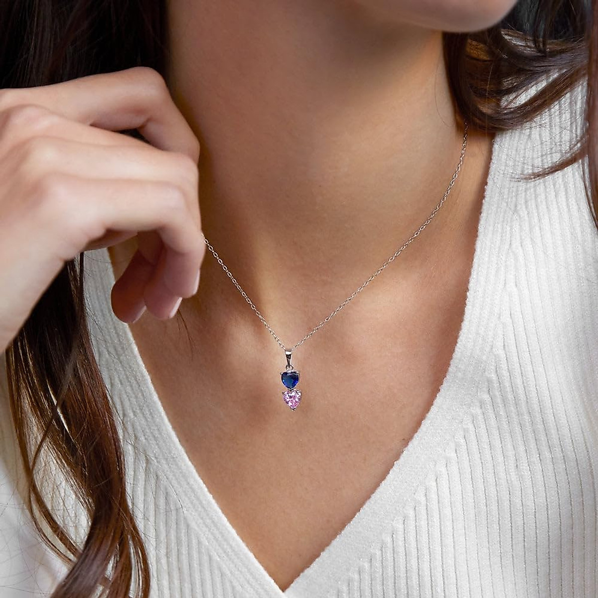 2 Stone Simulated Birthstone Heart Necklace (16"), 925 Sterling Silver Heart Drop Necklace for Women - Personalized Necklaces - Gifts for Mom