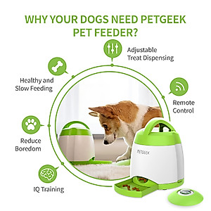 PETGEEK Treat Dispenser Dog Toys, Automatic Pet Feeder with Dual Power Supply and Remote Control, Dog Puzzle Toys and Interactive Dog Toys in One for Indoor or Outdoor Play(Green)