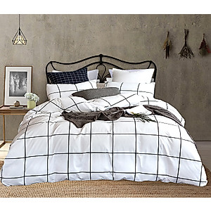 KAREVER White Grid Duvet Cover Set Queen White Checkered Bedding Set White and Black Plaid Queen 3 PCS Women White Checkered Duvet Cover Set Queen White Grid Duvet Cover