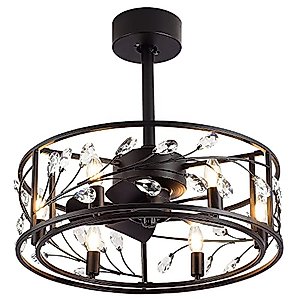 Breezary 20'' Caged Ceiling Fan with Lights Remote Control, 5 Reversible Blades Modern Chandelier Crystal Lighting Ceiling Fans for Bedroom Office