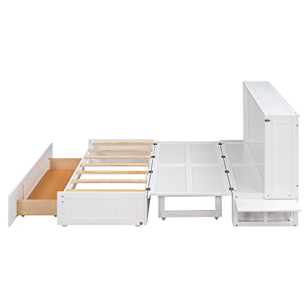 MOEO Queen Size Mobile Murphy Bed with Storage Drawer, Wood Bedframe w/Little Shelves on Each Side, Can Convert to Cabinet for Guest Room Home Office, White