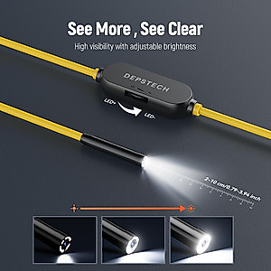 DEPSTECH Endoscope Camera with Lights, 7mm Slim Probe Borescope Inspection Camera with Bluart 3.0 Tech, 16.4ft Semi-Rigid Cable, IP67 Waterproof Snake Camera for IOS 12.0+ Device,Gadget for Men-Yellow