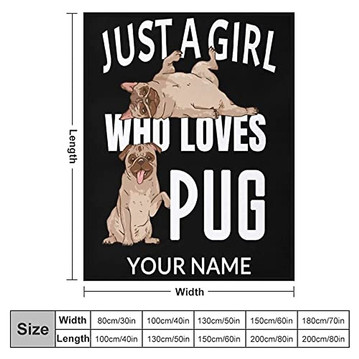 Personalized Pug Blanket with Name Text, Soft Fleece Flannel Pug Throw Blanket, Pug Lovers Gifts Fuzzy Cozy Warm Lightweight for Bed Couch Living Room (50"x60")