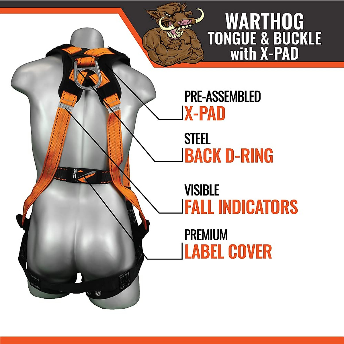 Malta Dynamics Warthog Safety Harness Fall Protection, Tongue Buckle Legs & X-Pad, Full Body Harness, OSHA/ANSI Compliant (Tongue Buckle Legs & X-Pad, Large-XLarge)
