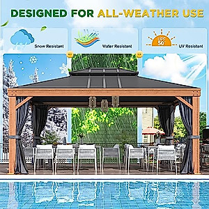 EROMMY 12'x16' Hardtop Gazebo Outdoor Aluminum Wood Grain Gazebos with Galvanized Steel Roof and Mosquito Net for Patios, Deck, Backyard, Curtains & Netting