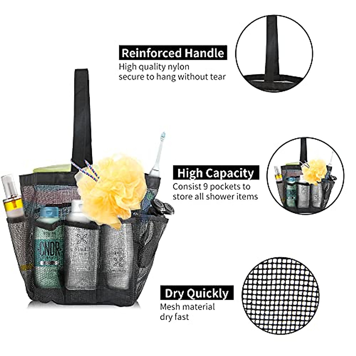 Saiveina Mesh Shower Caddy for College Dorm Necessities Portable Travel Shower Basket Shower Tote Bag for Girls and Boys, with 9 Pockets