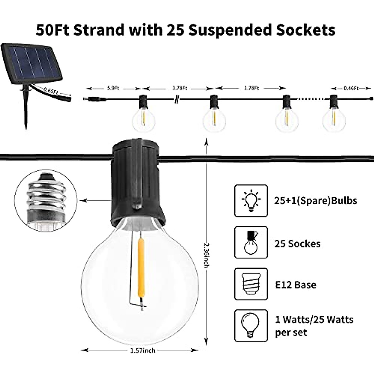 BRTLX 50FT Solar Outdoor String Lights,Shatterproof LED Patio Solar Lights with Remote Control Waterproof Hanging Indoor Outdoor Lights for Home Wedding Decor Party Backyard Lights