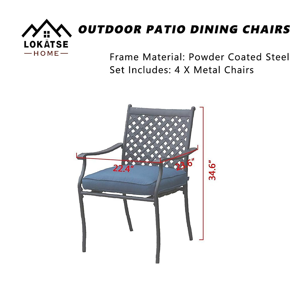 LOKATSE HOME 8 Piece Outdoor Patio Dining Chair Set Metal Furniture with Arms and Seat Cushions, Blue