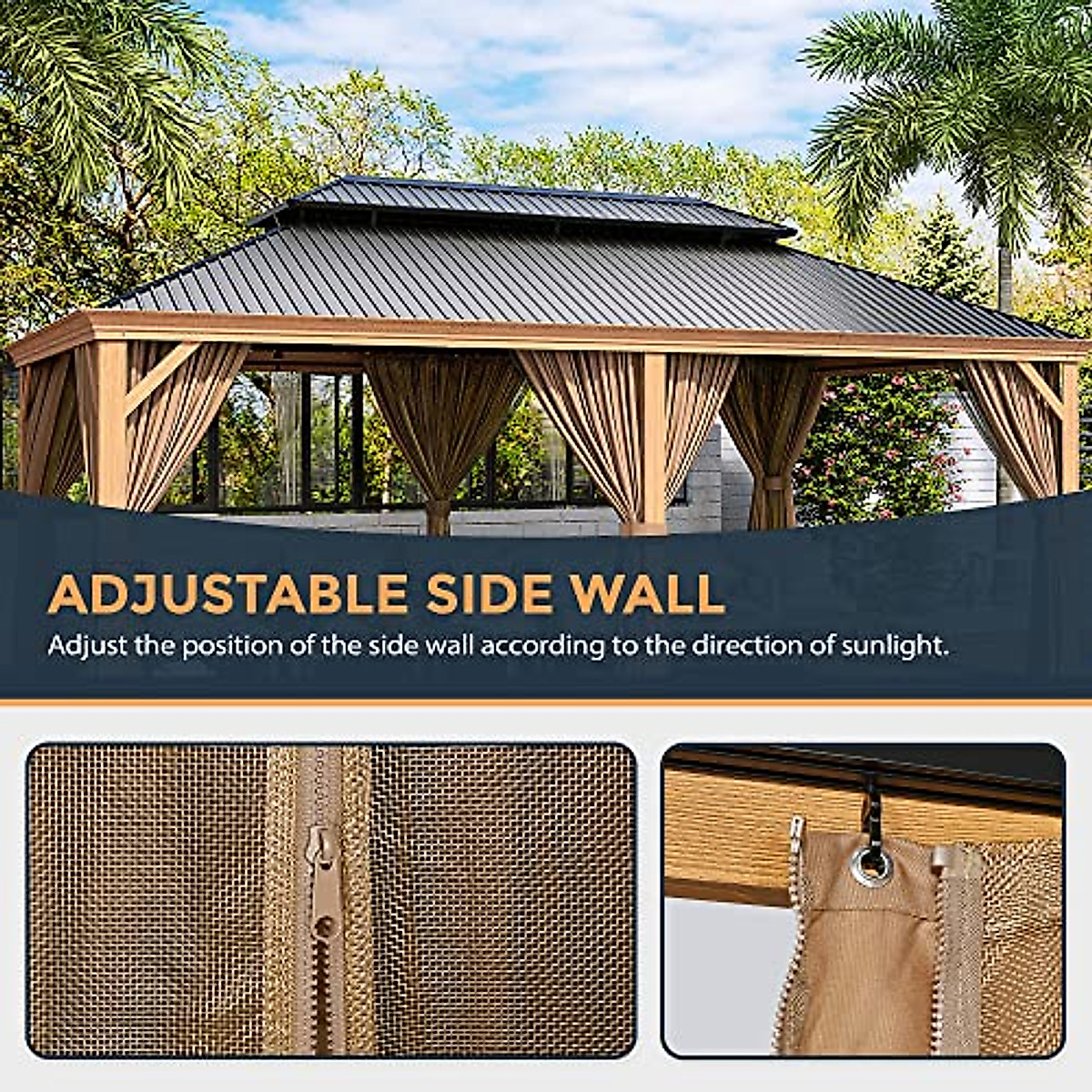 HAPPATIO 12' x 20' Hardtop Gazebo, Outdoor Wood Grain Aluminum Gazebo with Galvanized Steel, Patio Double Roof Permanent Metal Gazebo Canopy with Netting and Curtains for Backyard, Patio, Deck (Brown)