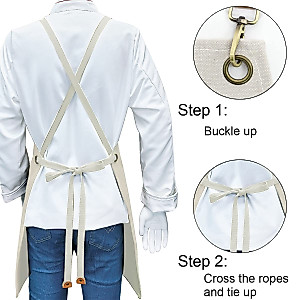 Canvas Chef Apron for Men Women, Cotton Canvas Cross Back Apron with Adjustable Straps and Large Pockets Heavy Duty Work Apron (Beige)