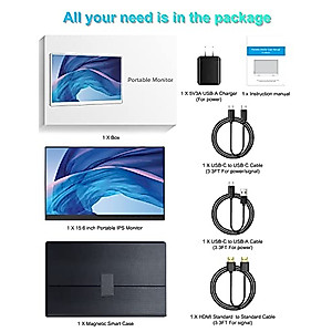 Portable Monitor, Usparkle 15.6inch 1080P FHD USB-C Travel Laptop Monitor, HDMI Computer Display HDR IPS Gaming Screen w/Smart Cover& Speakers, External Monitor for Laptop PC Mac Phone PS4 Xbox Switch