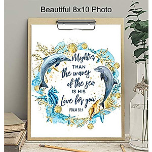 Ocean Dolphins Bible Verse Religious Wall Art - Inspirational Quote Christian Scripture Room Decoration for Bathroom, Bedroom - Nautical Beach House Poster - Mightier Than the Waves Blue Wall Decor