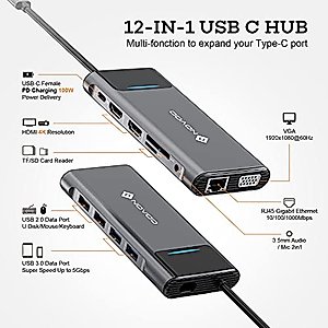 USB C Docking Station Dual Monitor for Dell/HP/Lenovo/Surface Laptop, Triple Display USB C Hub Multiple Adapter, USB C Dongle with 2 HDMI 4K+VGA+4 USB Port+100W PD Charger+Ethernet+SD/TF+Audio NOVOO