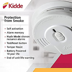 Kidde Smoke Detector, 10-Year Battery, LED Indicators, Replacement Alert, Test-Reset Button