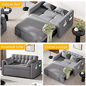 DWVO 55" Cat-Scratch-Proof Fabric Sofa Bed, 3-in-1 Sleeper Sofa with Pull-Out Bed, Convetible Futon Couch with Adjustable Backrest and Side Pocket, Loveseat for Living Room Apartment, Grey, Full Size