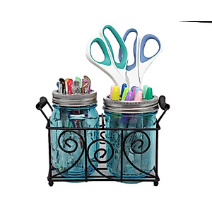 Mason Jar Lifestyle Caddy for 2 Pint Mason Jars with Swirl Design and Black Wire Handles