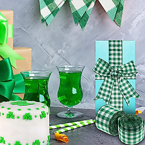 3 Rolls St. Patrick's Day Buffalo Plaid Ribbon Green and White Wired Edge Ribbon St. Patrick's Day Check Burlap Ribbon for Wrapping, Crafts Decoration, 2 Inch x 6.6 Yard (Green and White)