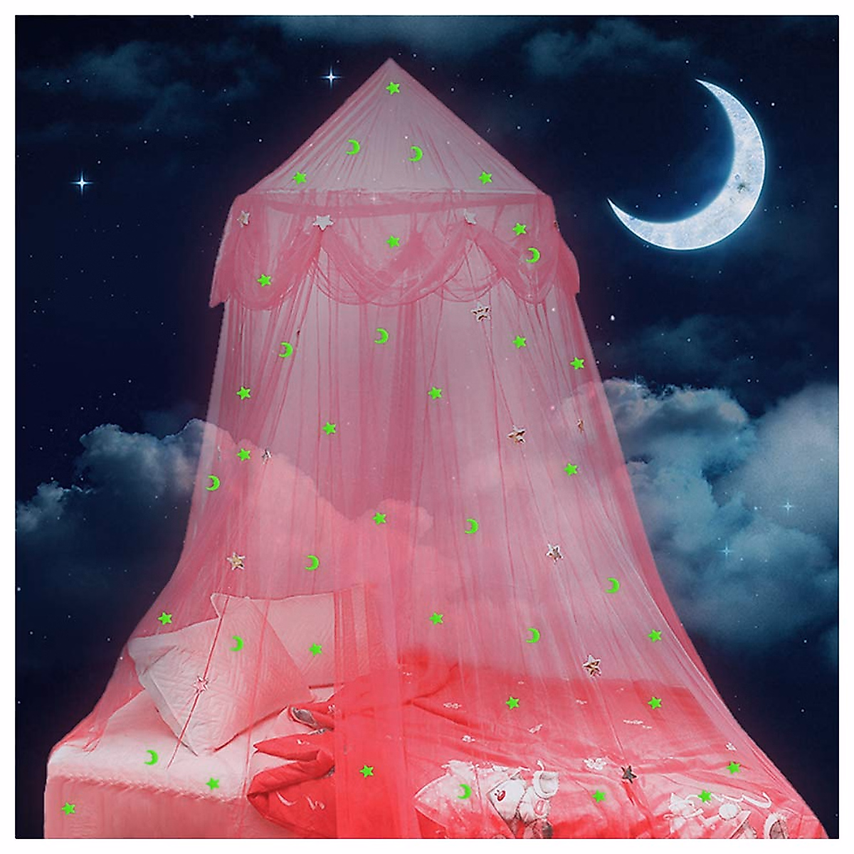 Lamdgbway Bed Canopy for Girls Glow in The Dark Stars and Moon Princess Mosquito Net Crib Hanging Tent Gift for Kids Birthday Bedroom Decor Pink