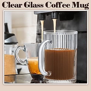 Suclain 4 Pieces Glass Coffee Mugs Clear Vertical Stripes Tea Mug with Lid and Spoon Ribbed Glasses for Espresso Milk Chocolate Latte Juice Anniversary and Birthday, 11.8 oz