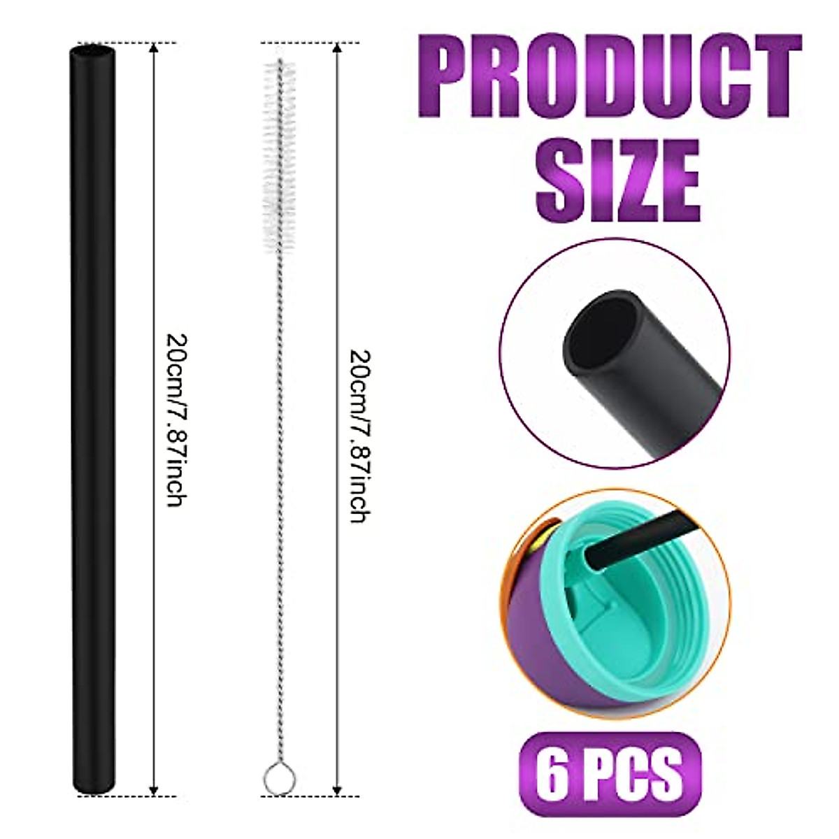 6pcs Replacement Straws for Owala FreeSip 24 oz, Reusable Plastic Straws with Cleaning Brush for Owala Flip 24oz Insulated Water Bottle Tumbler Accessories (Black)