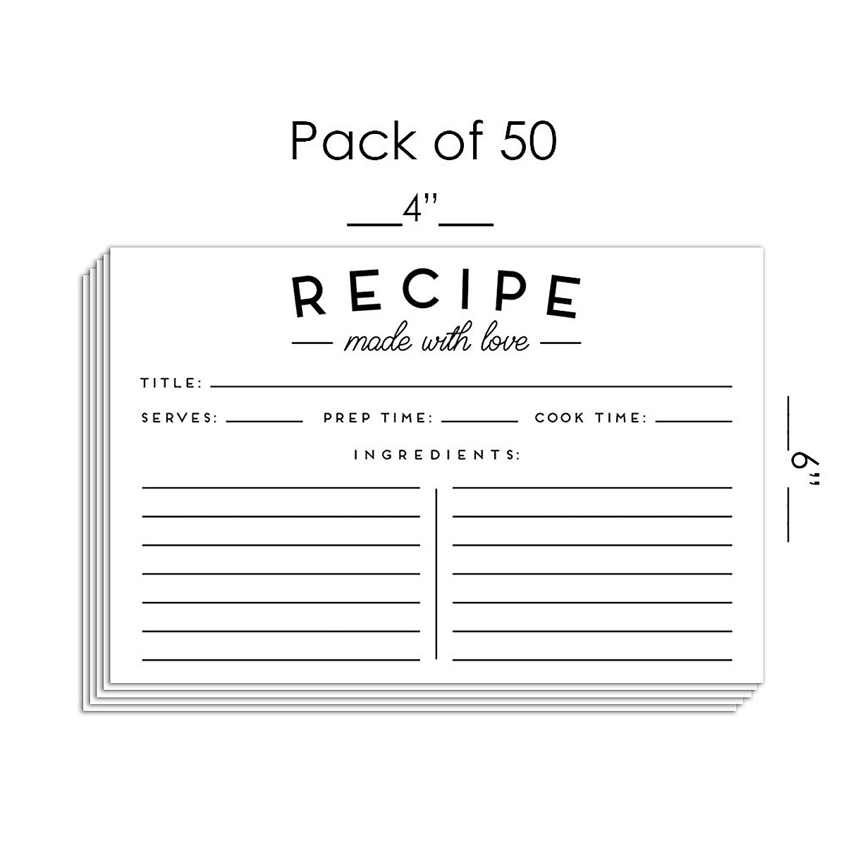 Set of 50 Premium Recipe Cards - 4x6 Double Sided - Black and White Modern Style