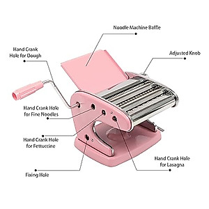 Pasta Maker Machine, Stainless Steel Manual with 6 Adjustable Thickness Settings for Home/Small Restaurants & Outdoor Camping (Pink)