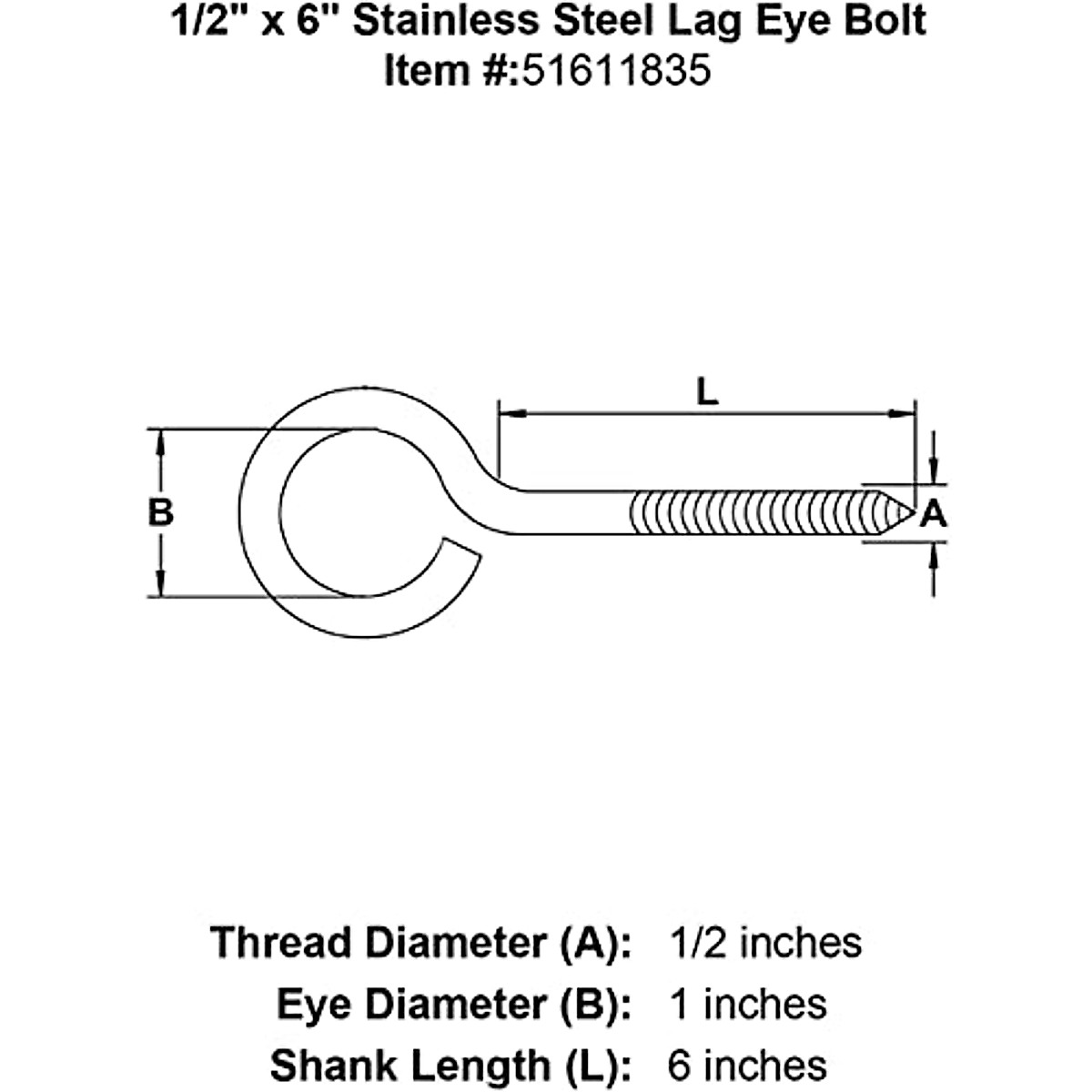 1/2" x 6" Stainless Steel Screw Eye - Heavy-Duty Lag Screws for Secure Installations, DIY Projects, Hanging and Anchoring