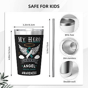 12oz Tumbler My Hero Is Now My Angel Cervical Cancer Awareness Stainless Steel Cup With Straw And Lid Spill Proof Bulk Double Wall Vacuum Reusable Water Tumblers For Cold Hot Drink