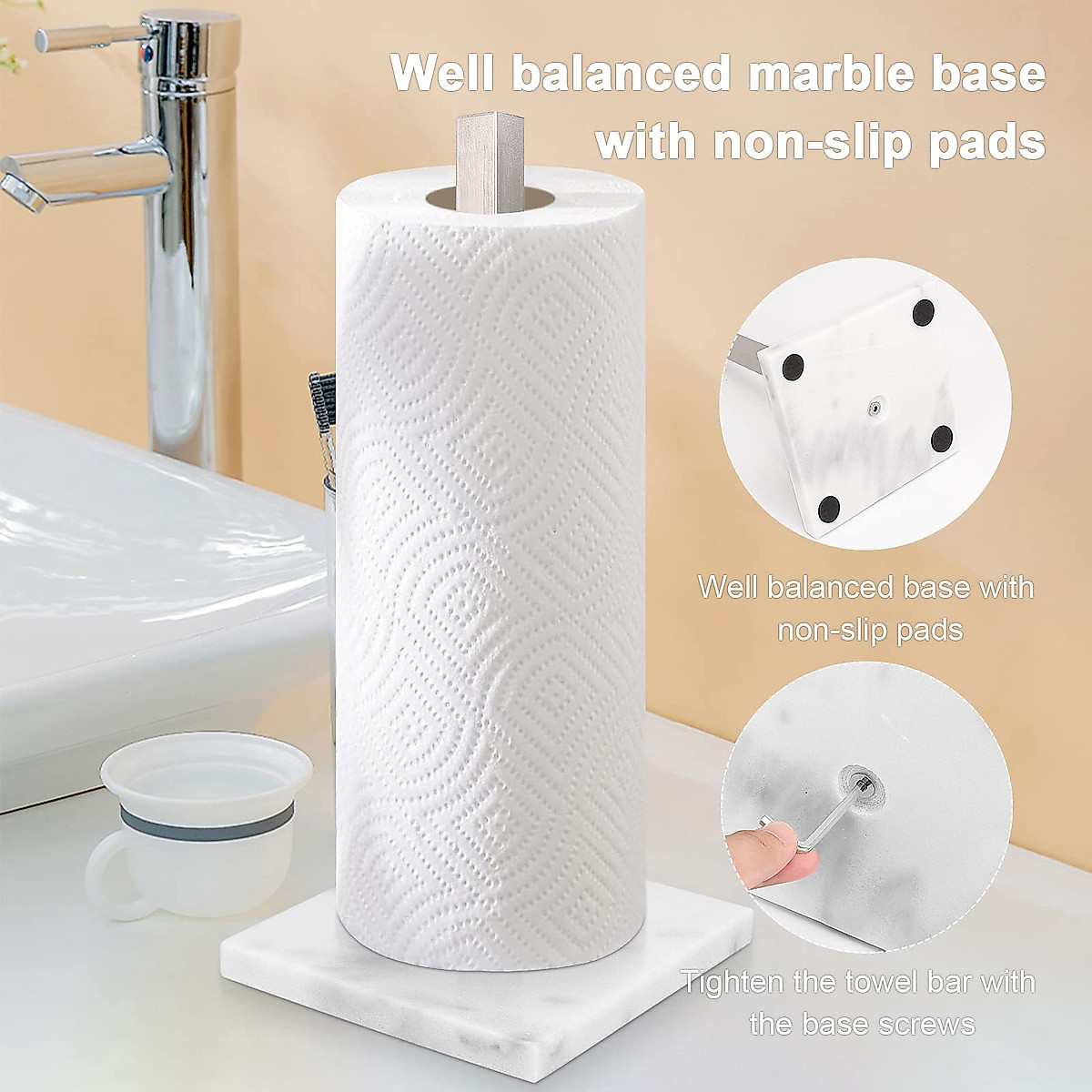 NearMoon Standing Paper Towel Holder, Stainless Steel Square Paper Towel Roll Holder with Marble Base for Bathroom Kitchen Countertop, Standard or Jumbo-Sized Roll Holder (Brushed Nickel)