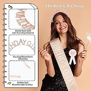 Rose-Gold Birthday Celebration Set with Queen Sash, Hair Bands, Rhinestone Headband, and Corsage for Women
