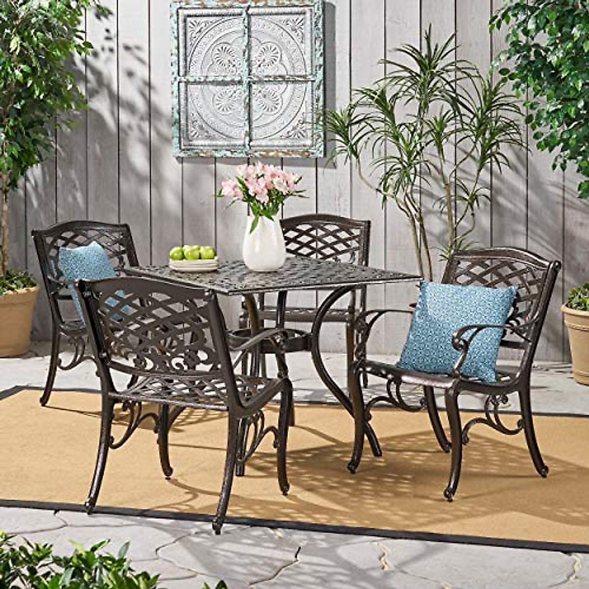 Christopher Knight Home Hallandale Outdoor Sarasota Cast Aluminum Square Dining Set, 5-Pcs Set, Hammered Bronze