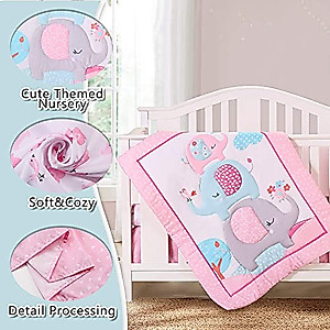 Honkaii Elephant Crib Bedding Set 4Pcs for Girls with Comforter Fitted Sheet Crib Skirt Diaper Stacker, Machine Washable, Suitable for 28 x 52 Inch Cribs, Lovely Nursery Crib Sets for Baby(Pink)