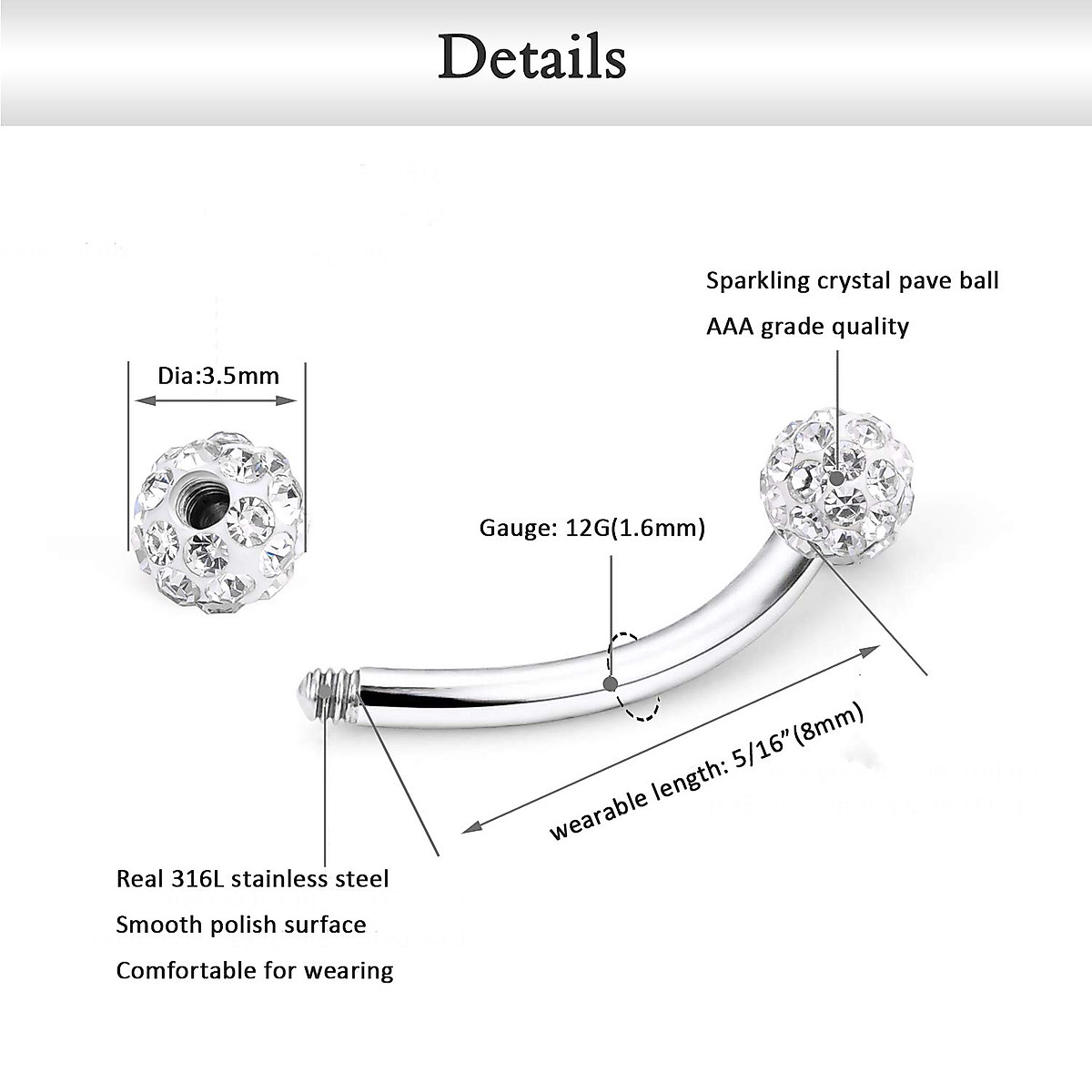 AVYRING 16G 8mm Daith Rook Earrings Stainless Steel with Crystal Ball Cartilage Helix Piercing Rings Septum Rings Eyebrow Jewelry Silver