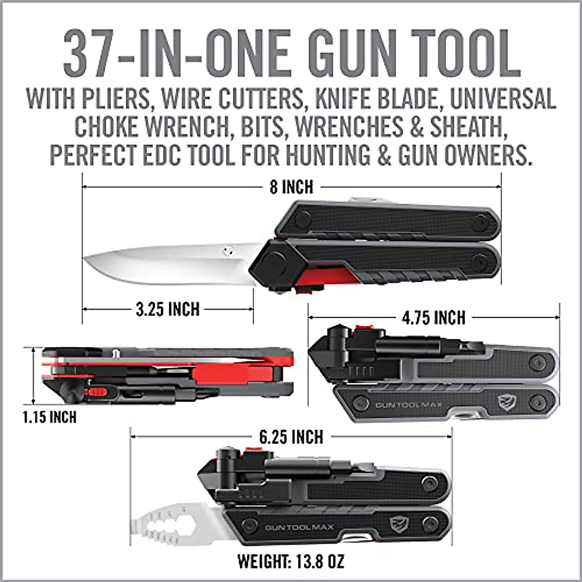 Real Avid Gun Tool Max, 37-in-1 Multitool for Gunsmithing, Includes Pliers, Wire Cutters, Knife Blade, Universal Choke Wrench, Bits, Wrenches & Sheath, Perfect EDC Tool for Hunting & Gun Owners black
