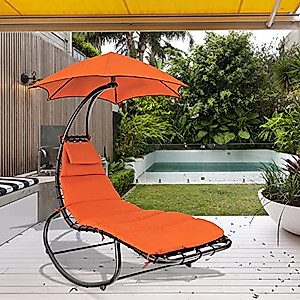 Tangkula Hanging Chaise Lounge Chair, Rocking Hammock Swing Chair with Cushion, Built-in Pillow, Removable Canopy, Outdoor Hanging Curved Chaise Lounger for Poolside, Backyard, Garden (Orange)