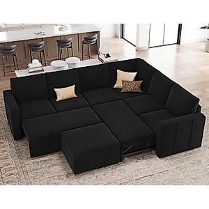 Belffin Modular Sectional Sleeper Couch with Pull Out Sofa Bed Velvet Convertible L Shaped Sectional Sofa with Storage Ottoman for Living Room Black