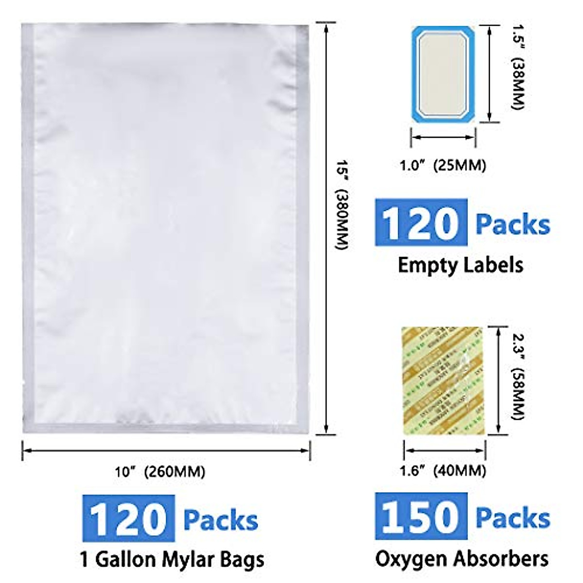 Mylar Bags 120 Packs 1 Gallon Heat Sealable 15''x10'' with 150 Packs 200cc Oxygen Absorbers Packets for Grains Dehydrated Vegetables Meat Food Storage, Food Grade, Vacuum Seal