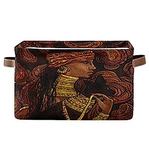 ALAZA Decorative Basket Rectangular Storage Bin, Mulatto Girl Portrait with Black Cat Organizer Basket with Leather Handles for Home Office