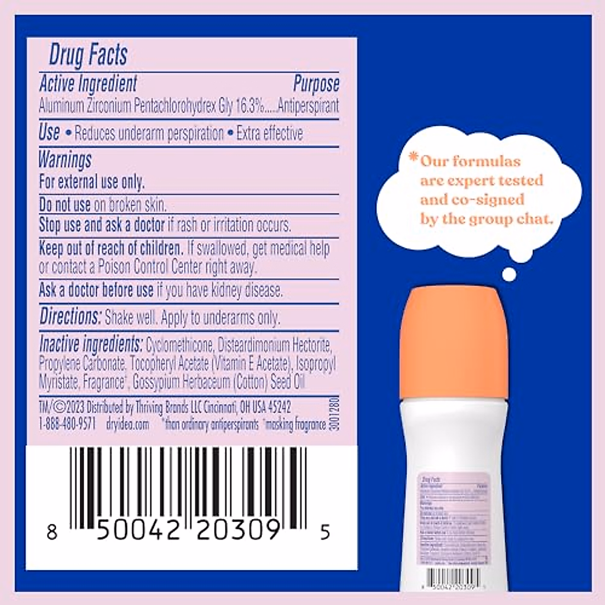Dry Idea Roll-On Deodorant & Antiperspirant | 2X Longer Sweat Protection | 72-Hour Odor Protection | Unscented & Hypoallergenic for Sensitive Skin, 3.25 oz.