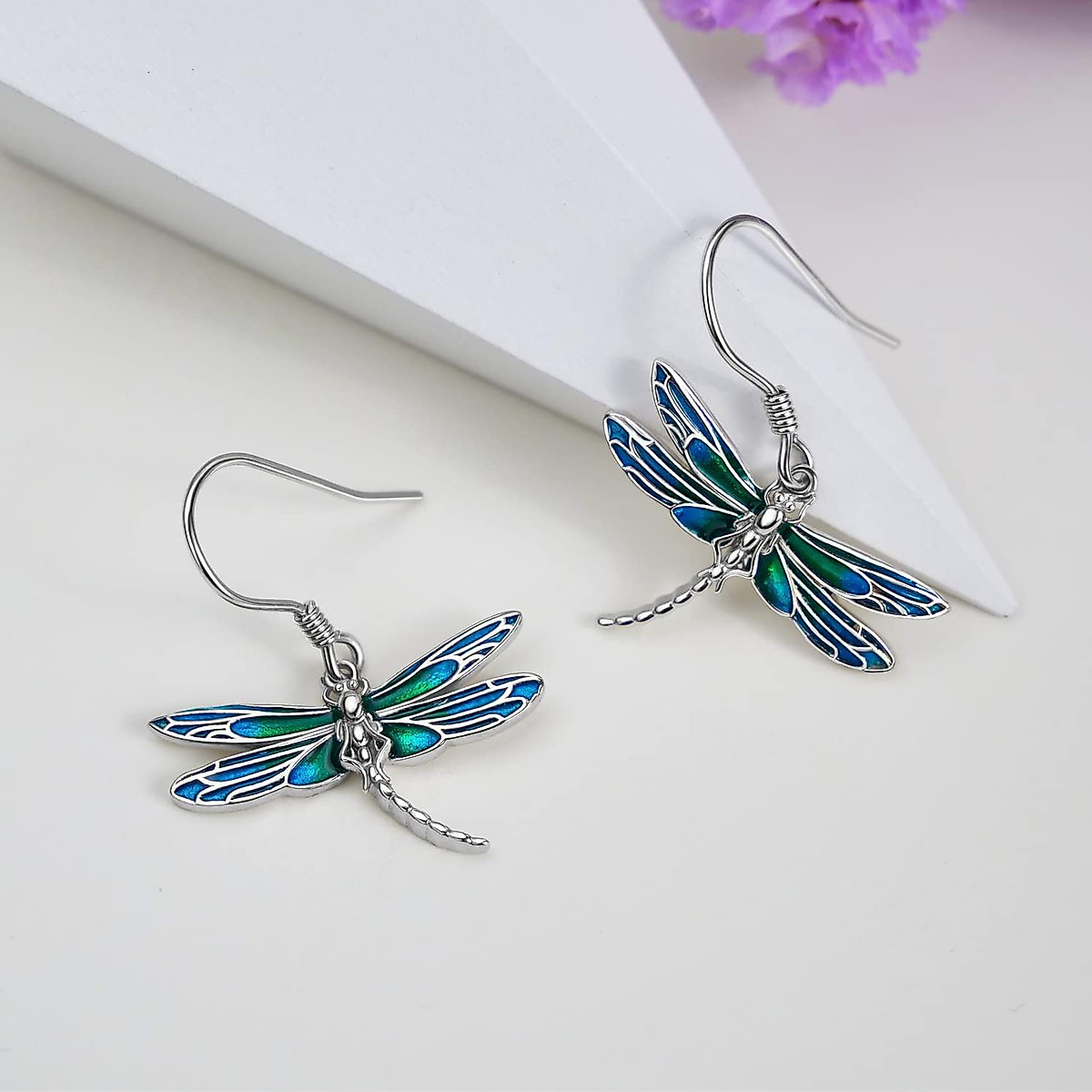 PELOVNY Christmas Gifts for Mom from Daughter Blue Dragonfly Earrings for Women S925 Sterling Silver Big Dragonflies Dangle Hook Earrings for Women