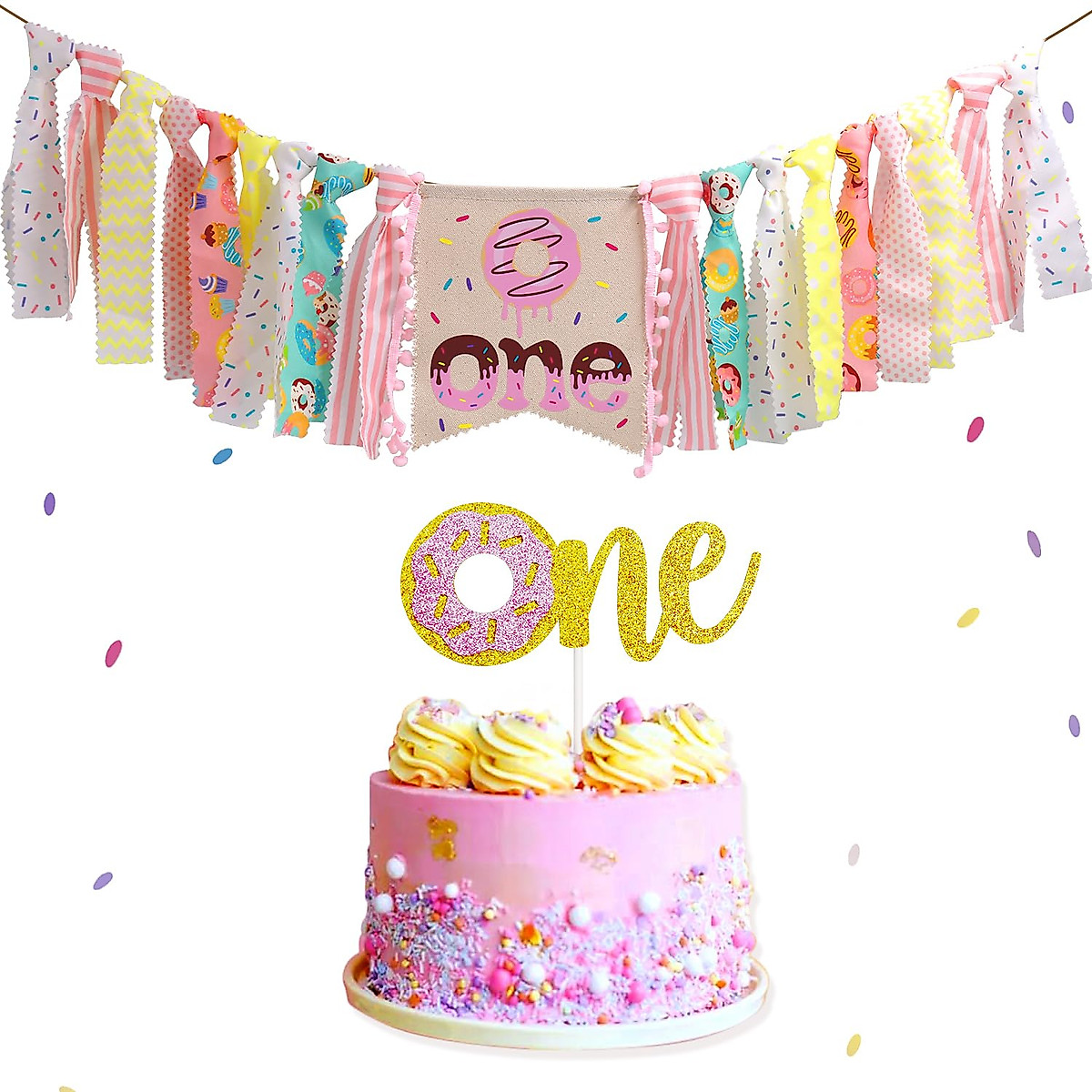 Vansolinne Donut 1st Birthday Party Decorations Kit, Sweet One High Chair Banner Donut Grow Up Photo Booth Props Party Supplies Cake Topper First Birthday Gifts and Souvenir for Baby Girl