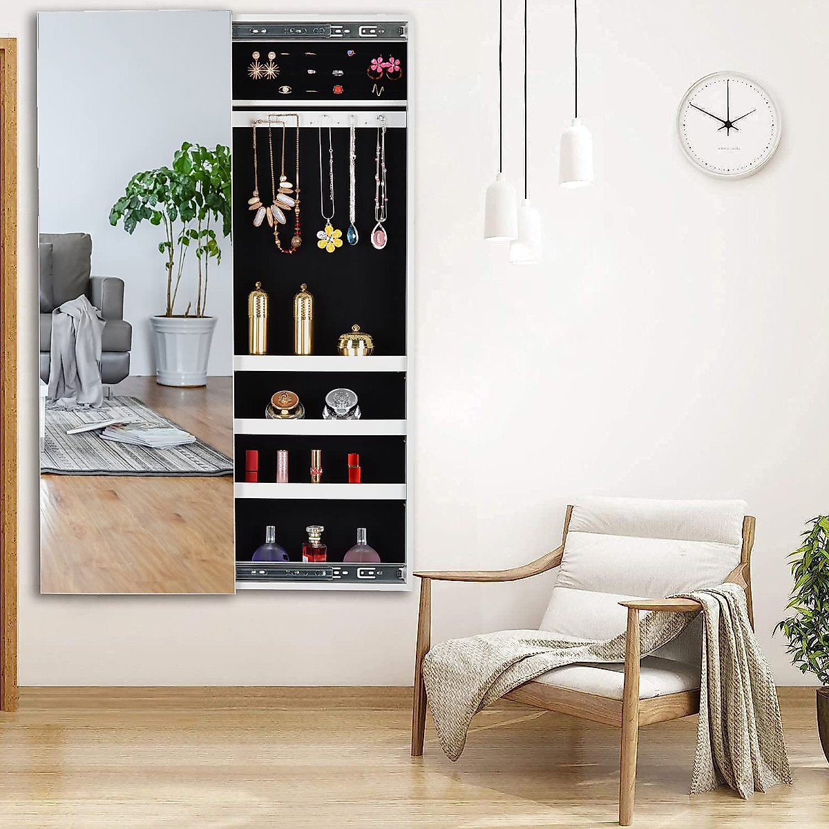 HOUAGI Mirror Jewelry Cabinet,Wall/Door Mounted Jewelry Armoire Organizer,42.5'' High Full Length Mirror with Jewelry Storage with Slide Rail, White-Slide Door