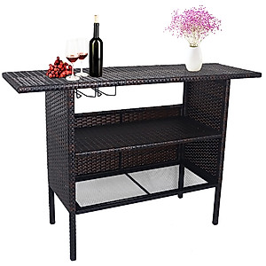 BalanceFrom Outdoor Patio Wicker Bar Counter Table Backyard Furniture with Shelves and Rails