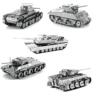 Fascinations Metal Earth Tanks 3D Metal Model Kits - M1 Abrams - Tiger 1 - T-34 - Chi-Ha - Sherman - Set of 5