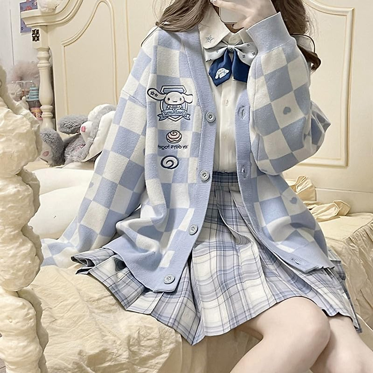 Kawaii Sweater Anime Blue Plaid Cardigan Sweaters for Women Cosplay Costume V Neck Long Sleeve Women's Button Knitted Outerwear JK Uniform M