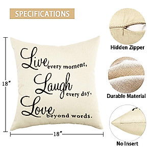 Ogiselestyle Live Every Moment Laugh Every Day Love Beyond Words Motivational Sign Cotton Linen Home Decorative Throw Pillow Case Cushion Cover with Words for Book Lover Sofa Couch 18" x 18"