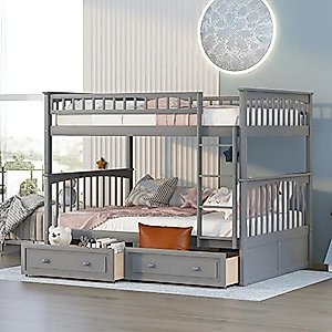 Full Over Full Bunk Bed with 2 Storage Drawers, Wooden Bunk Bed Frame with Guardrails and Ladders for Kids Teens Adults, Can be Convertible into 2 Beds (Bunk Beds Full Over Full, Gray)