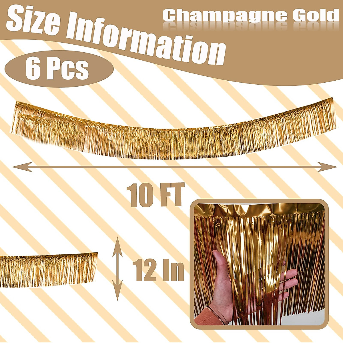 6 Pack 10 Feet Champagne Gold Foil Fringe Garland Metallic Tinsel Streamers Banner Wall Hanging Backdrop Banner for Parade Floats, Valentine's Day, Wedding, Birthday, Mardi Gras Party Decorations