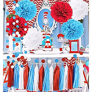 Dr Seuss Party Decorations Thing 1 and Thing 2 Birthday Party Decorations Cat in the Hat Birthday Party/Dr Seuss Baby Shower Decorations Turquoise White Red Tissue Pom Pom