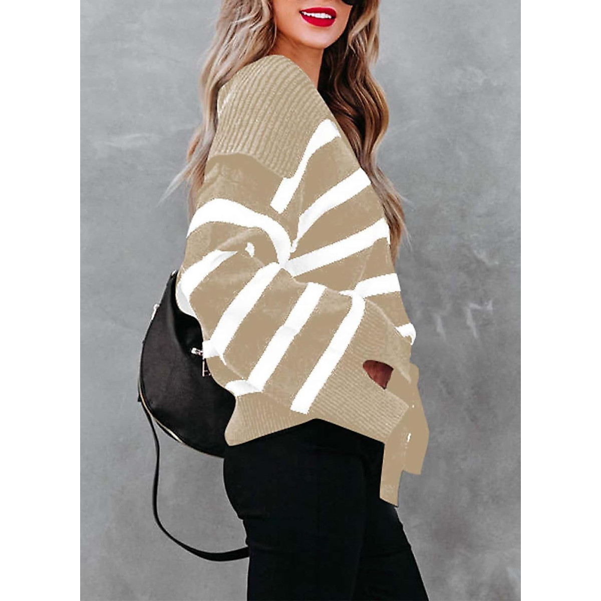 SHEWIN Fall Sweaters for Women Fashion V Neck Long Sleeve Winter Striped Sweater Casual Comfy Lapel Collar Knitted Tops Khaki X-Large